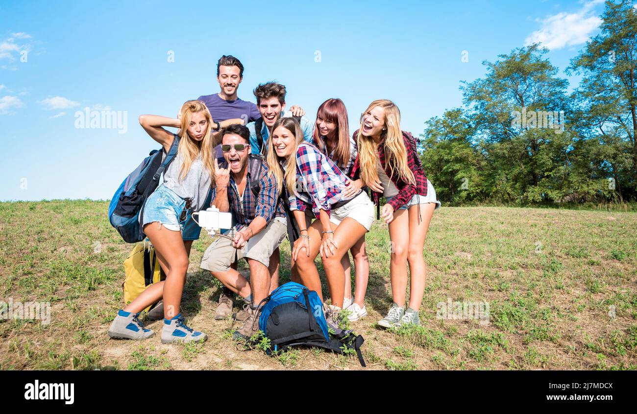 Friends group taking selfie at trekking excursion - Happy friendship ...