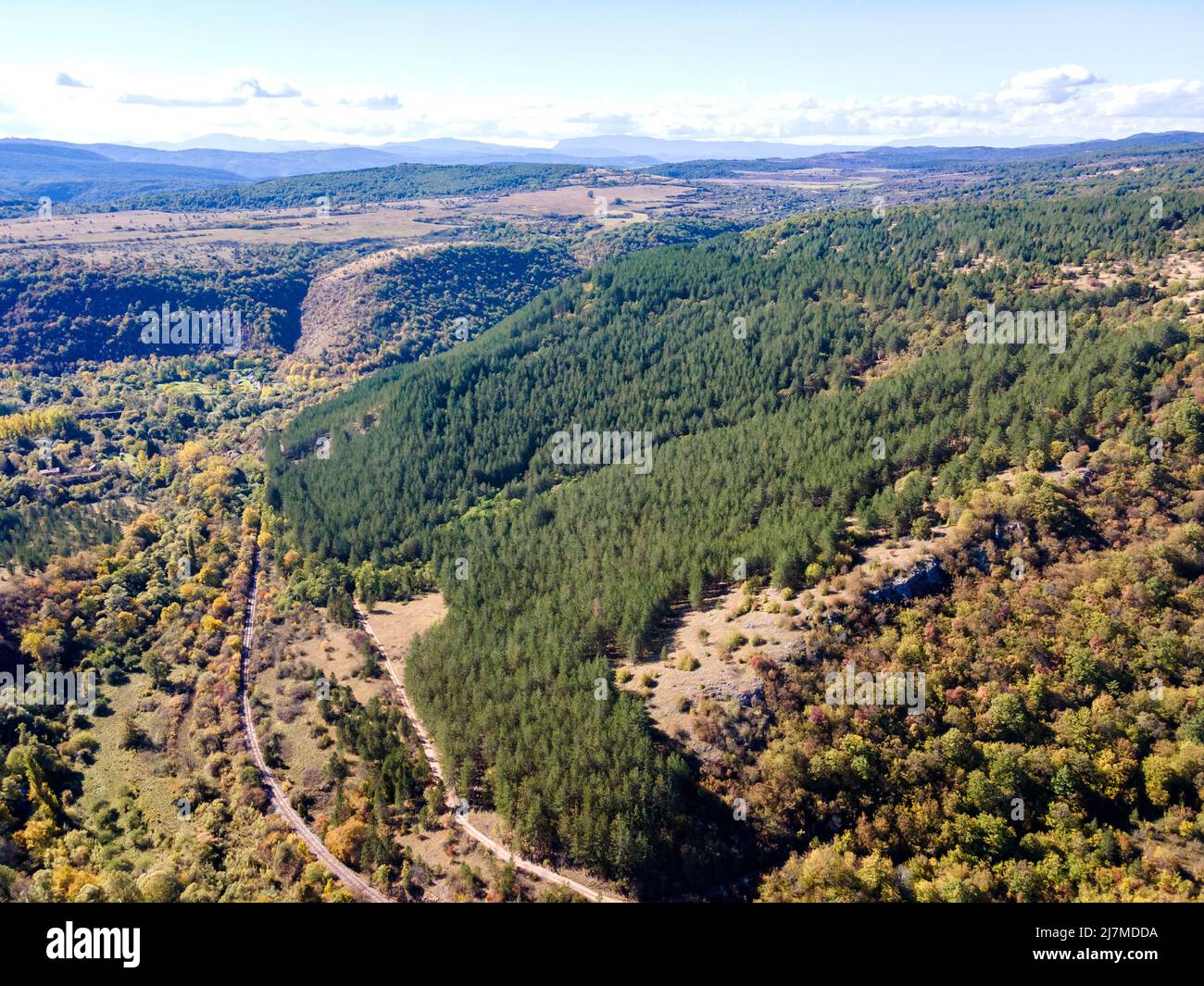 Aerial Autumn view of Nishava river gorge, Balkan Mountains, Bulgaria ...