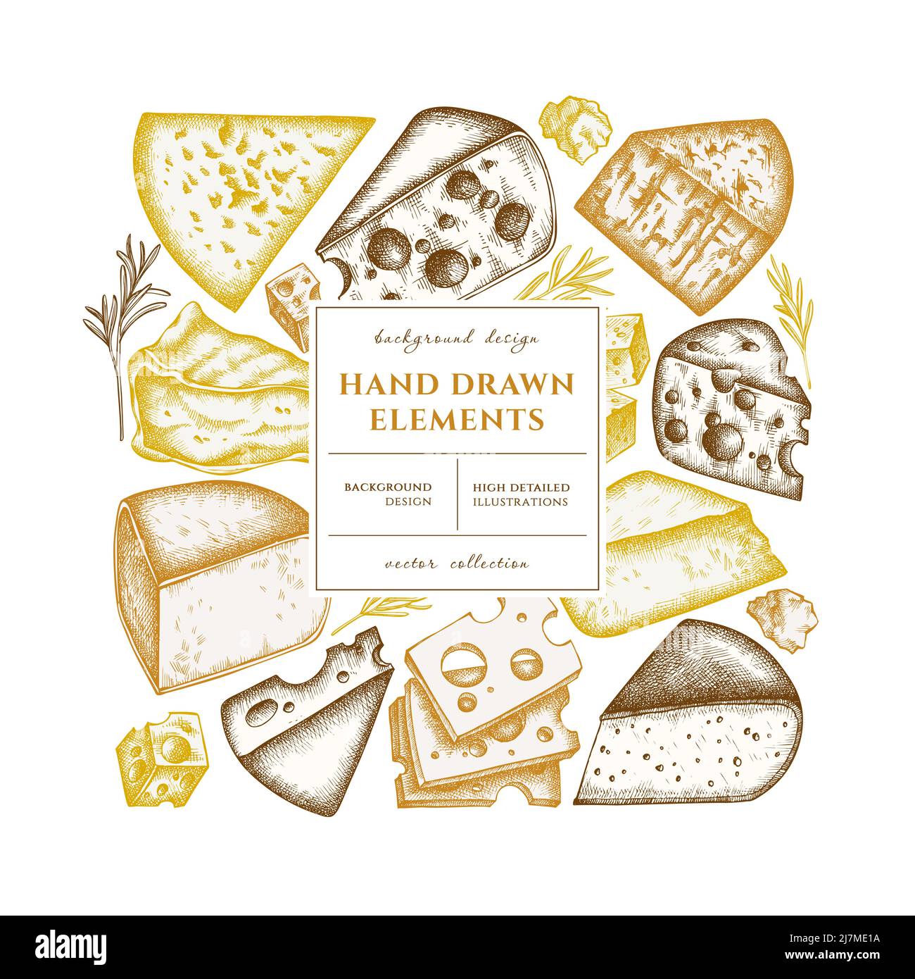 Cheese square card or invitation design. Frame design with brie, gouda ...
