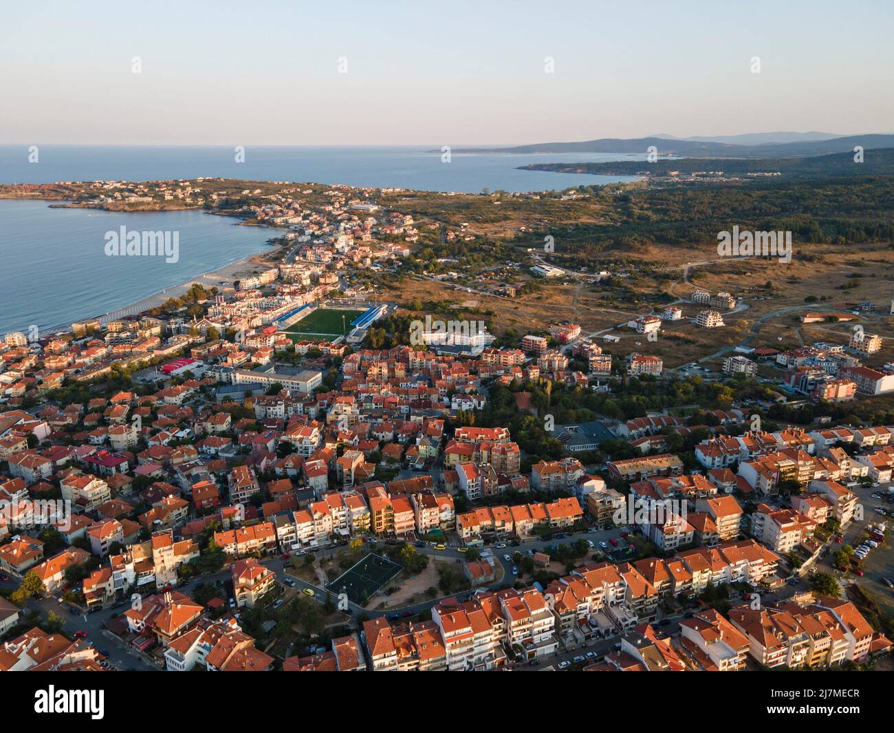 Aerial sunset view of old town of Sozopol, Burgas Region, Bulgaria ...