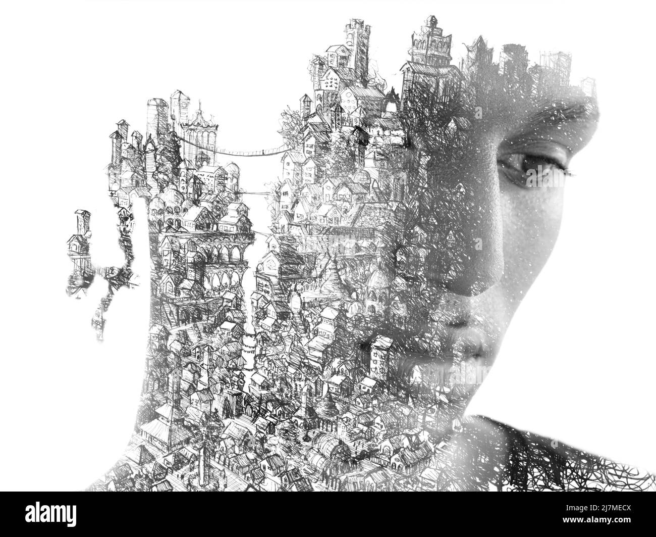 Paintography. Detailed painting of a city combined with a portrait of a ...