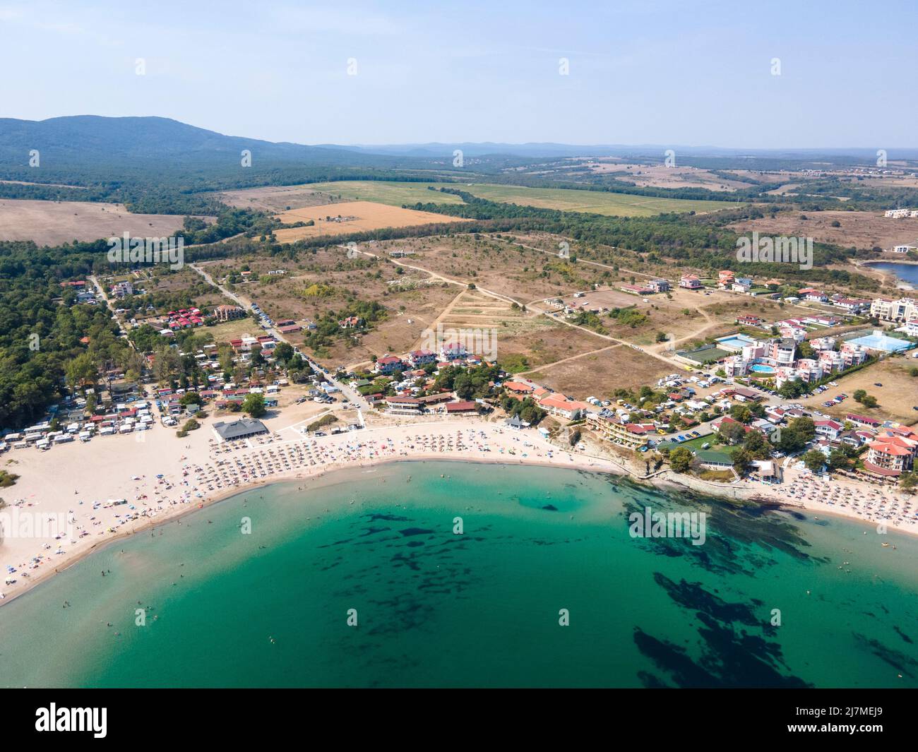 Aerial view of Arapya beach near town of Tsarevo, Burgas Region ...