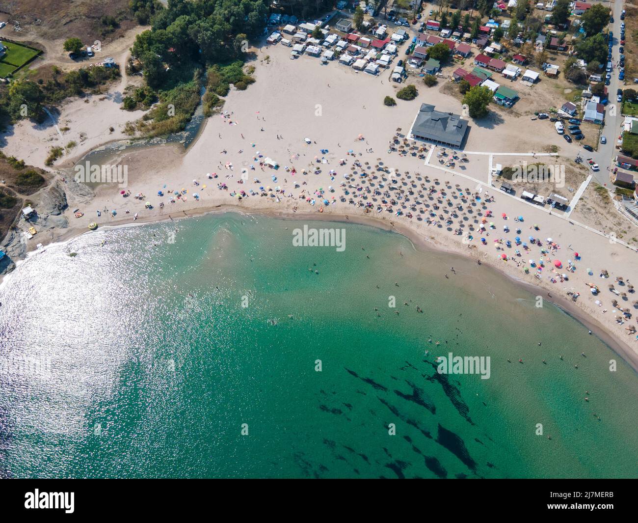 Aerial view of Arapya beach near town of Tsarevo, Burgas Region ...