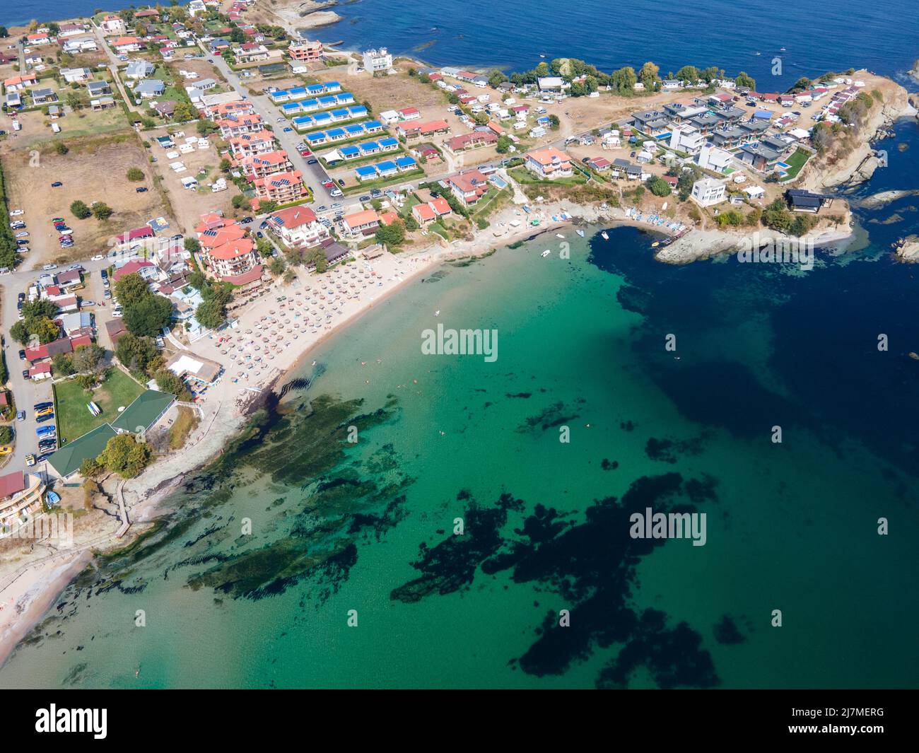 Aerial view of Arapya beach near town of Tsarevo, Burgas Region ...