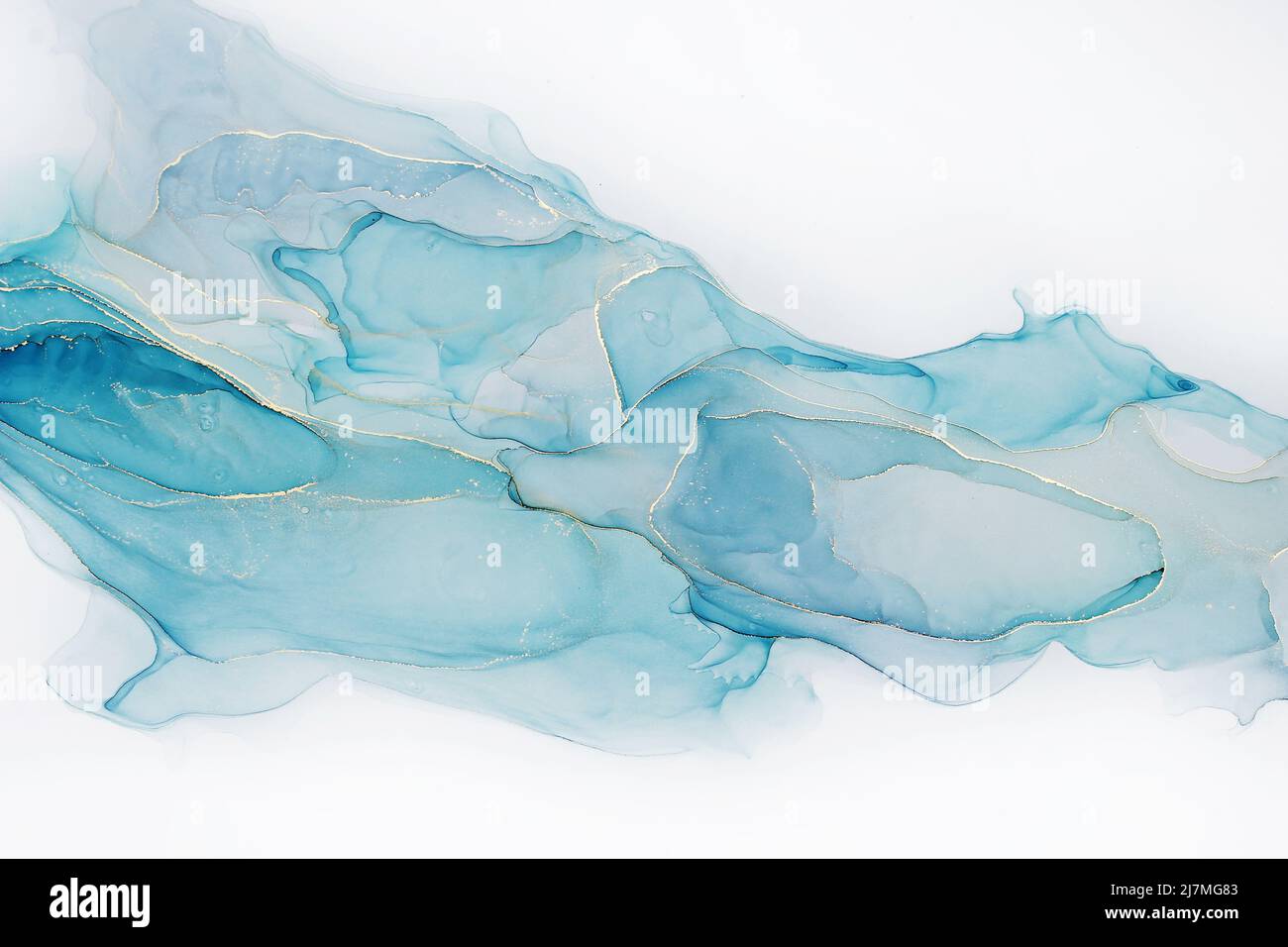 Abstract alcohol ink painting texture in blue azure tones with golden ...