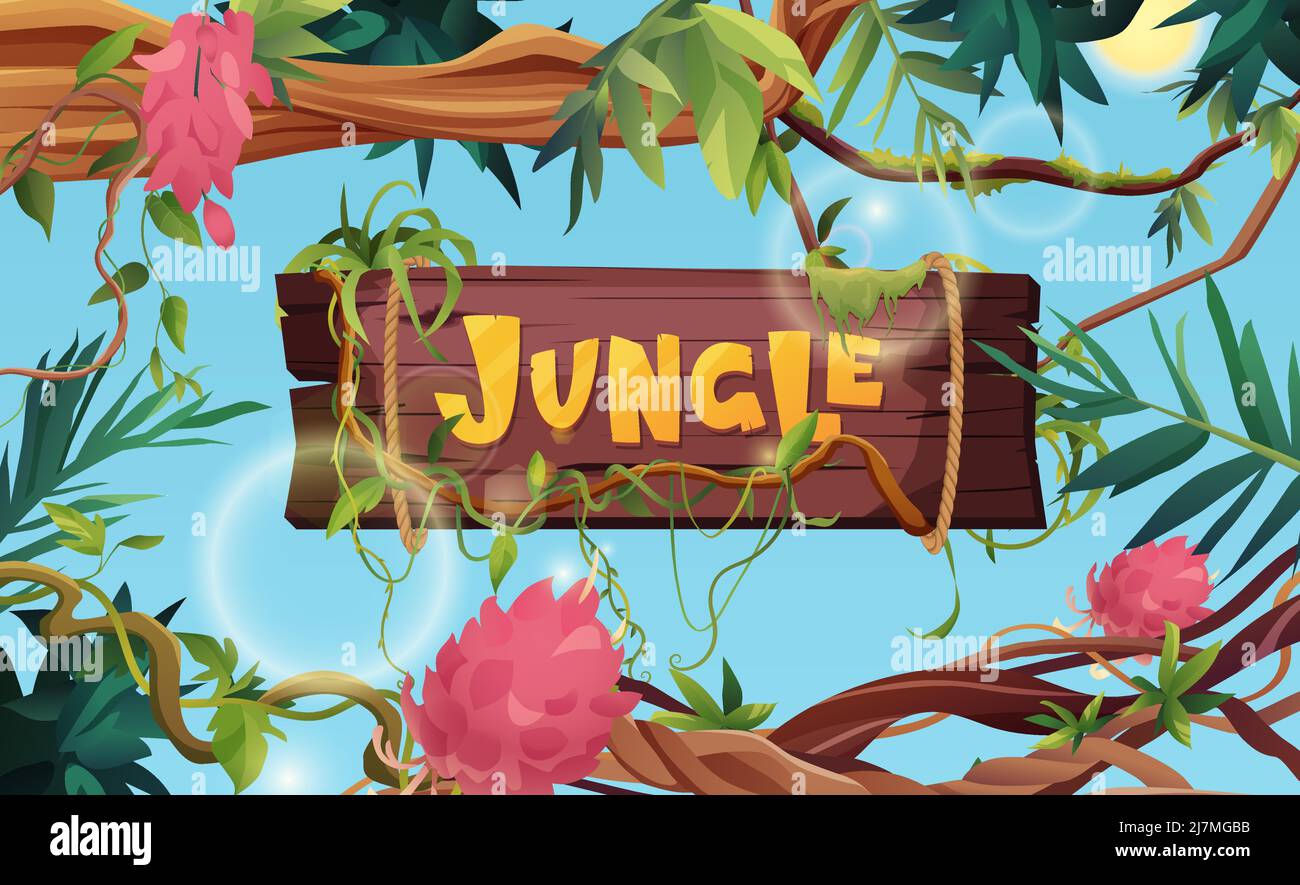 Jungle hand lettering wooden text. Liana or vine winding branches with ...