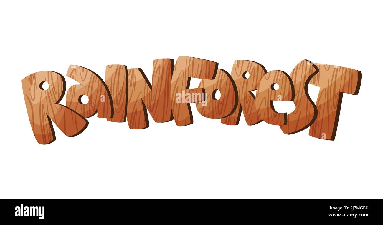 Rainforest hand lettering wooden text. Textured cartoon letters. Vector ...