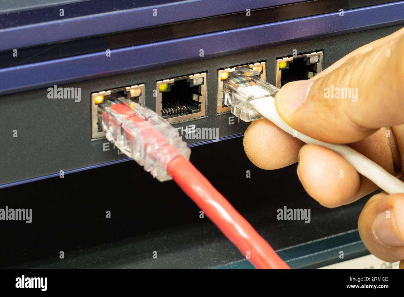 Hand of a man holding The network cables to connect the port of a switch to connect internet ...