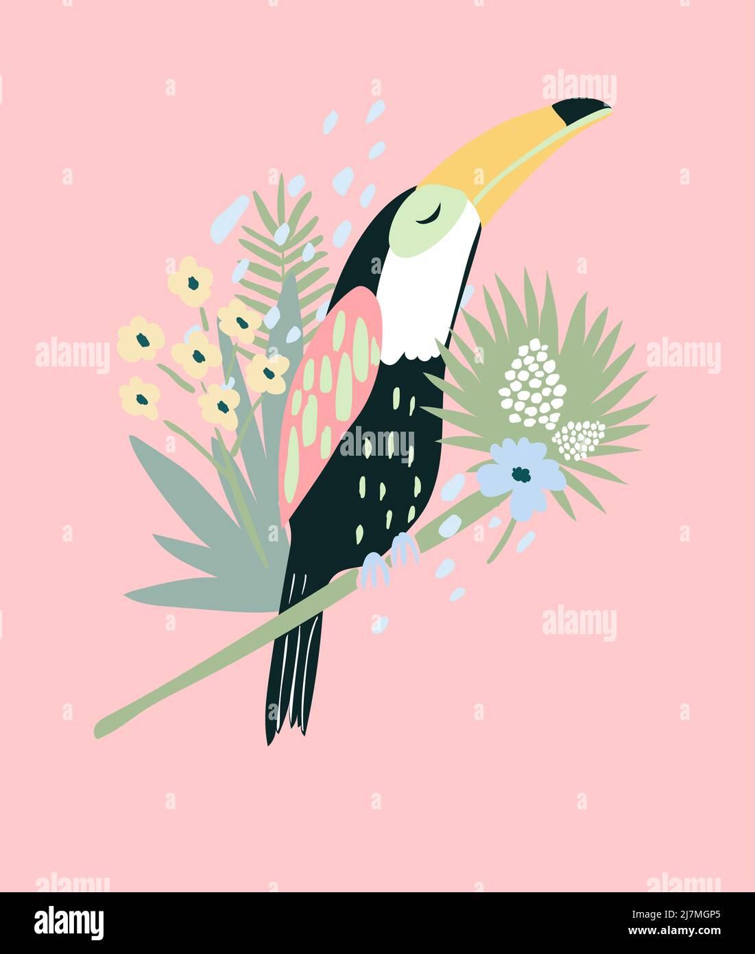 Cute toucan background with flowers and palm leaf. Cute illustration ...