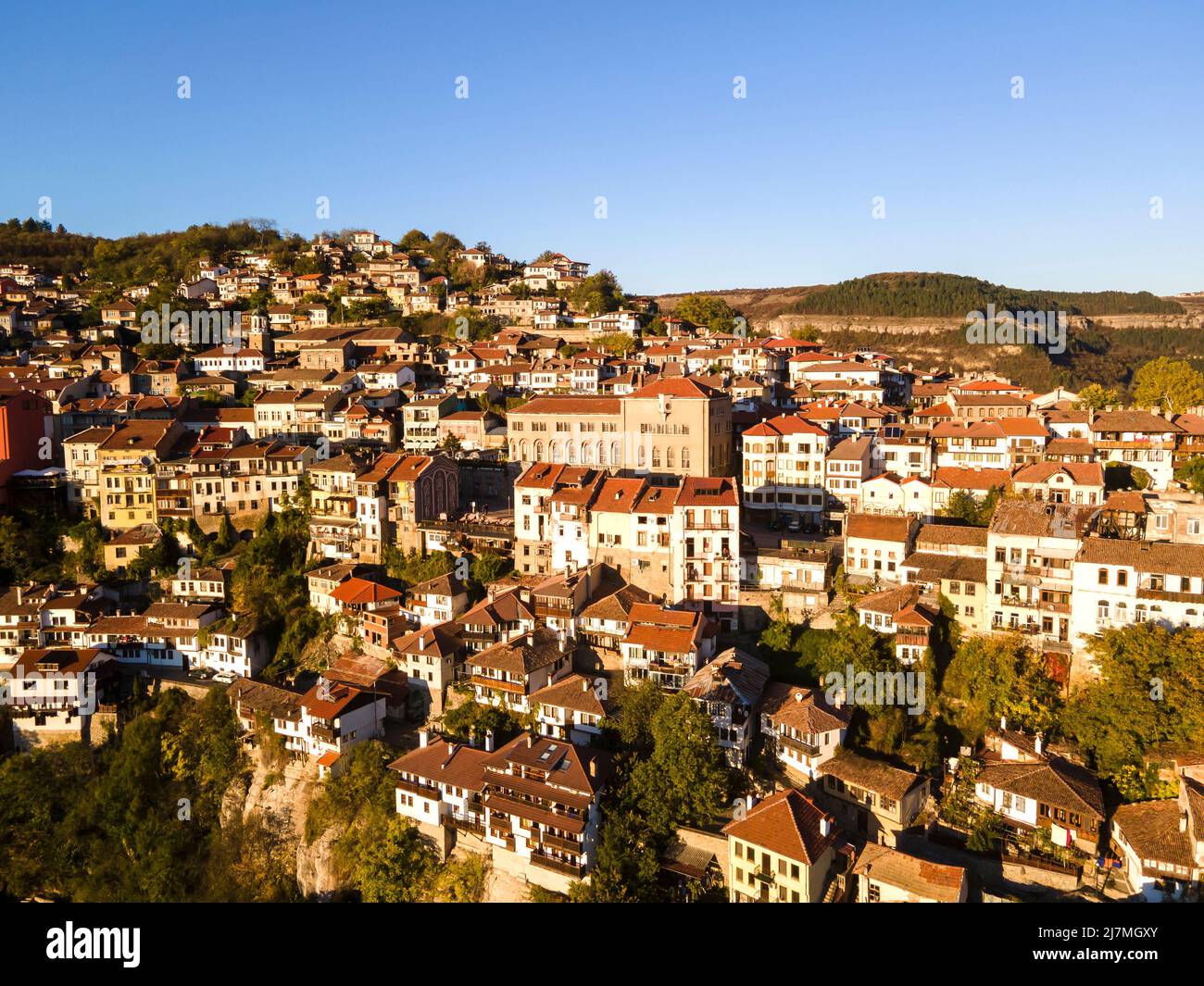 Amazing Aerial Sunset view of city of Veliko Tarnovo, Bulgaria Stock ...