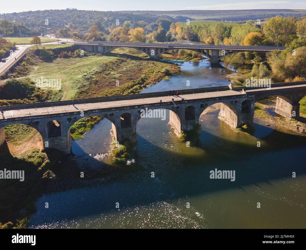 Aerial view of Nineteenth-century bridge over the Yantra River, known ...