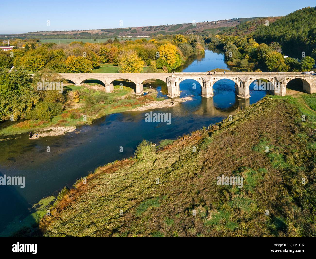 Aerial view of Nineteenth-century bridge over the Yantra River, known ...