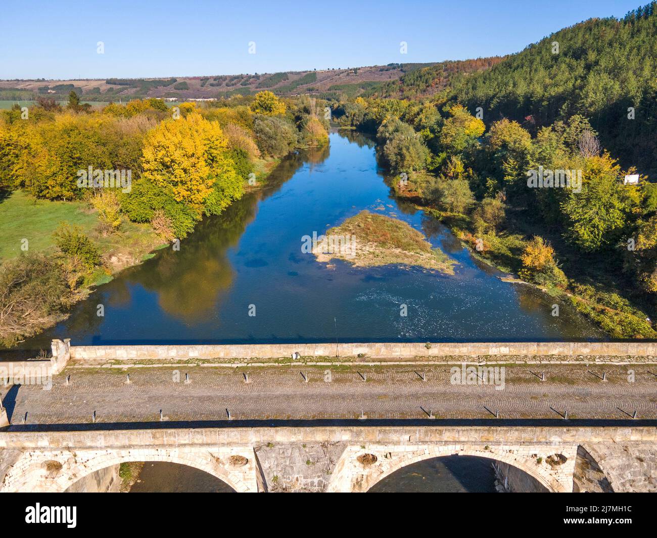Aerial view of Nineteenth-century bridge over the Yantra River, known ...