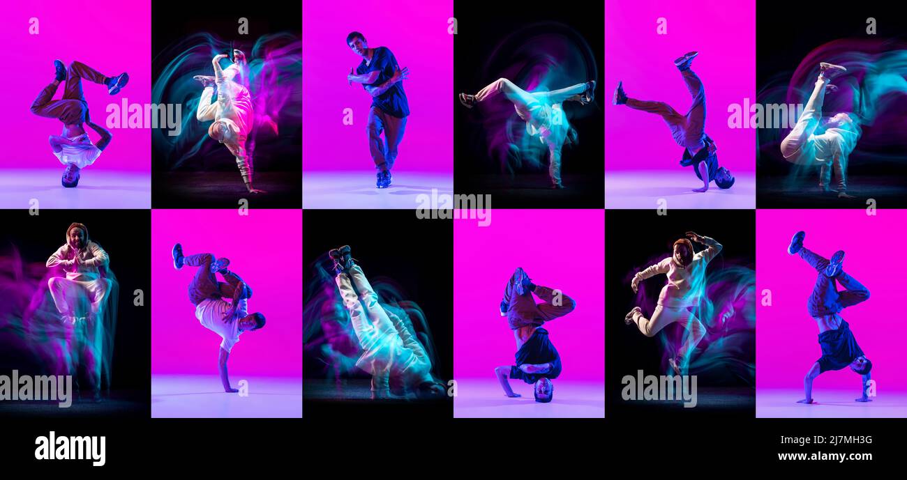 Young men, hip-hop and breakdance dancers dancing on dark background ...