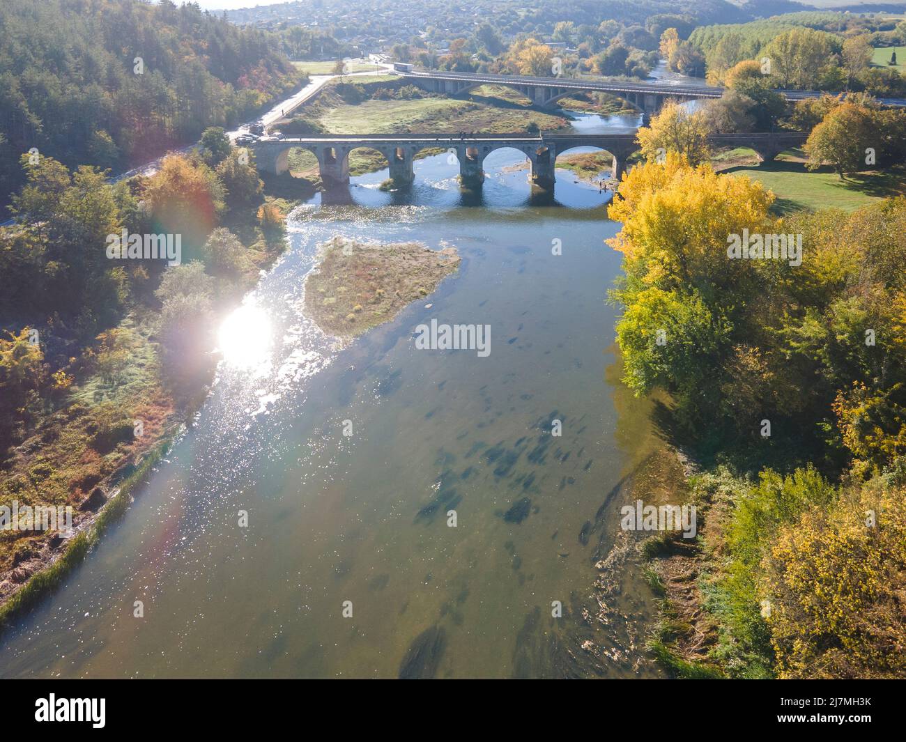 Aerial view of Nineteenth-century bridge over the Yantra River, known ...