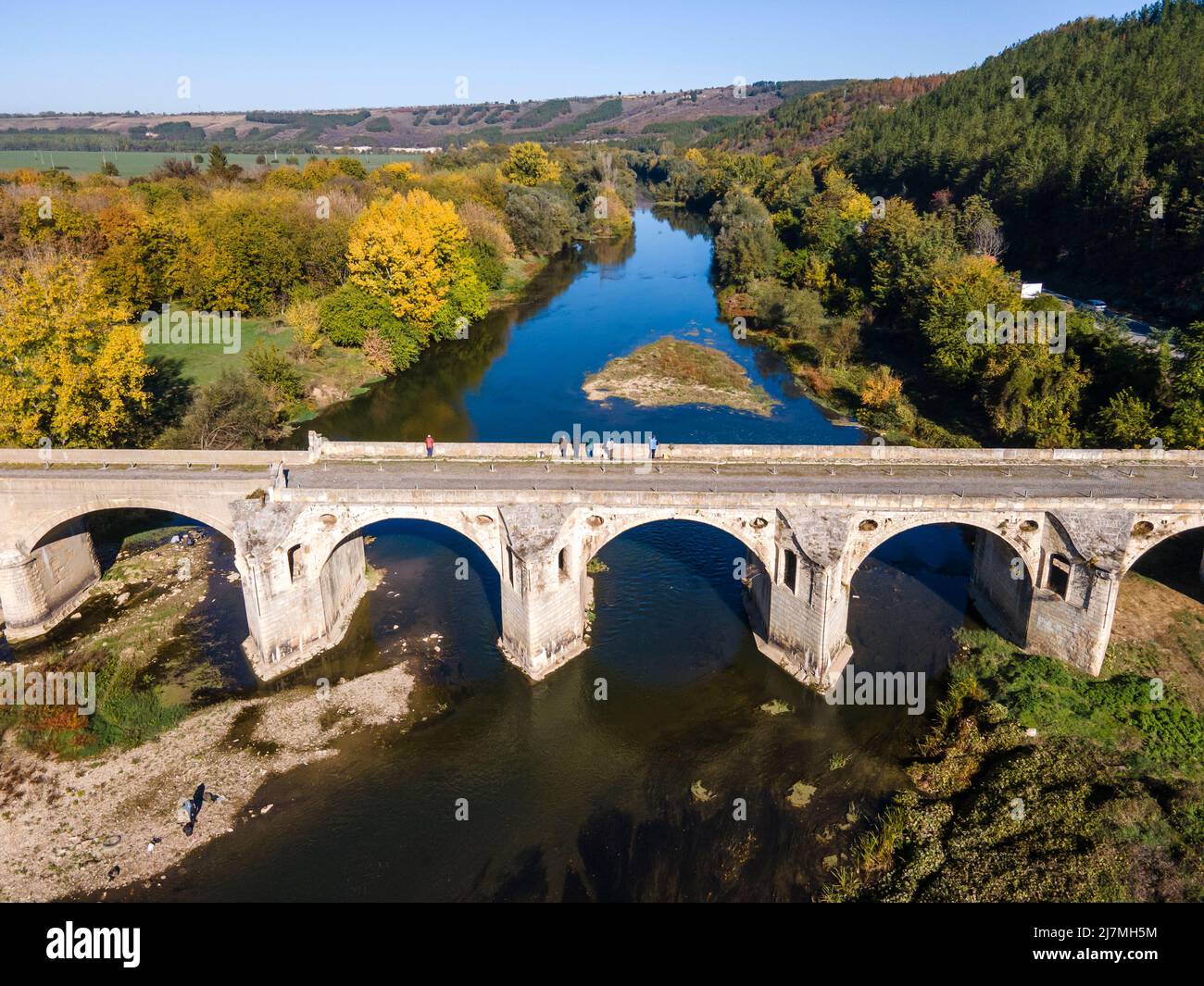 Aerial view of Nineteenth-century bridge over the Yantra River, known ...