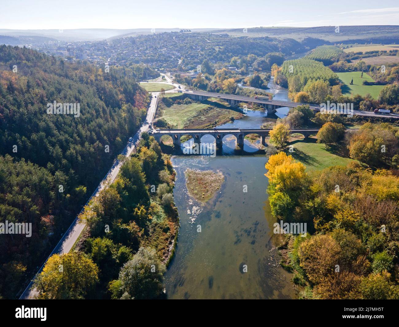 Aerial view of Nineteenth-century bridge over the Yantra River, known ...