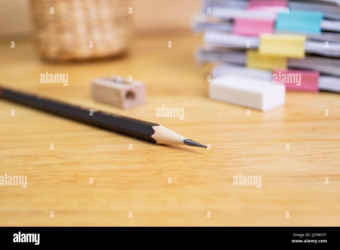 pencil on notebook concept education school equipment on wood table ...