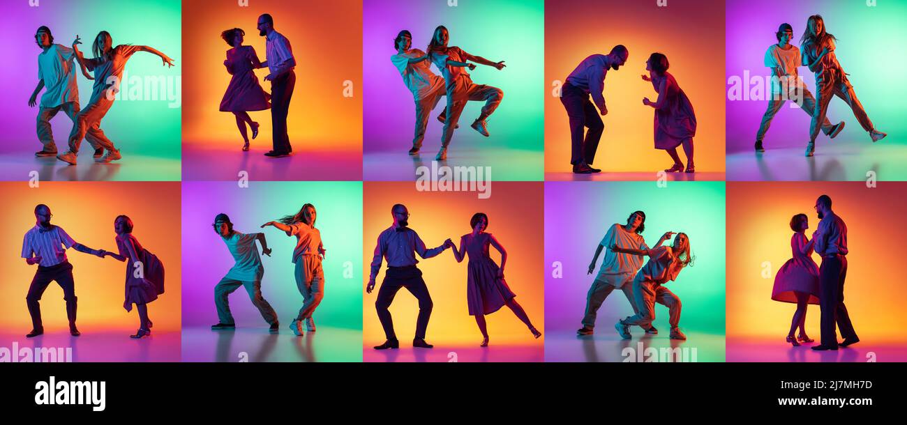 Young men and women dancing hip-hop and lindy hop in bright clothes on ...