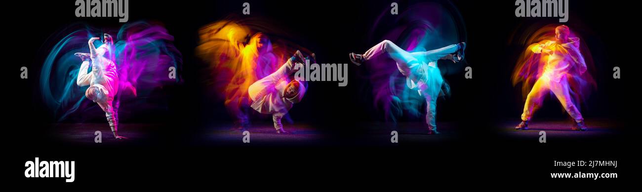 Collage of images of young man, hip-hop and breakdance dancer dancing ...