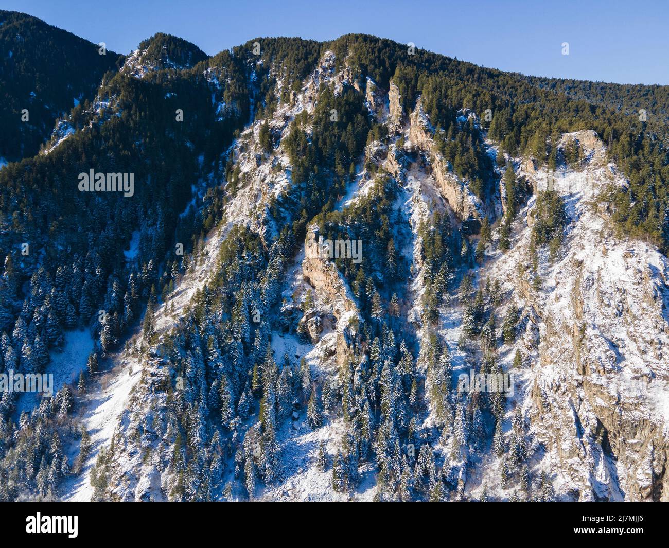 Aerial winter view of Rila Mountain near Beli Iskar river, Sofia Region ...
