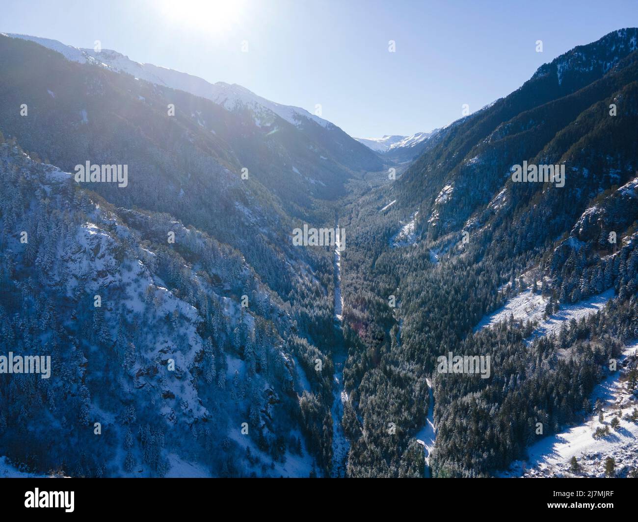 Aerial winter view of Rila Mountain near Beli Iskar river, Sofia Region ...