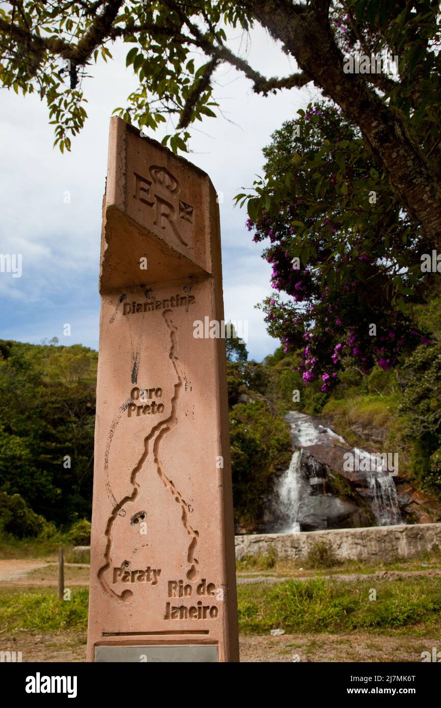 Brazil,signpost and waterfall along the last part of the old colonial ...