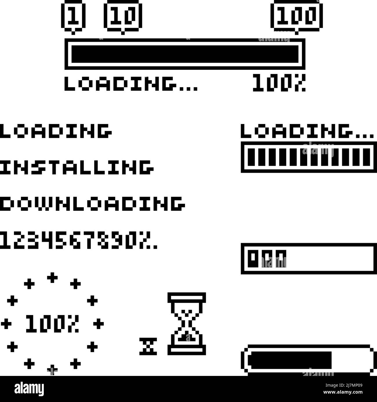 Pixel art set of ui elements, progress bars, text, numbers and hourglass Stock Vector Image ...