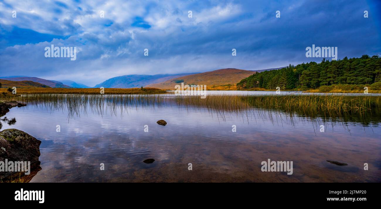 Panorama view over Lake under cloudy skies, Glenveagh National Park ...