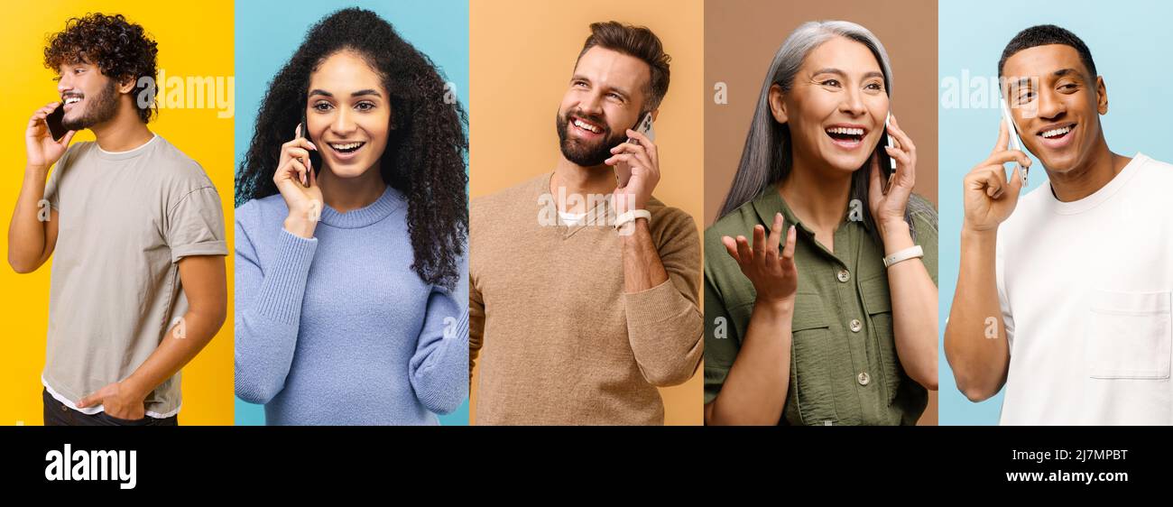 Collage of multi-generations diverse people using smartphones for ...