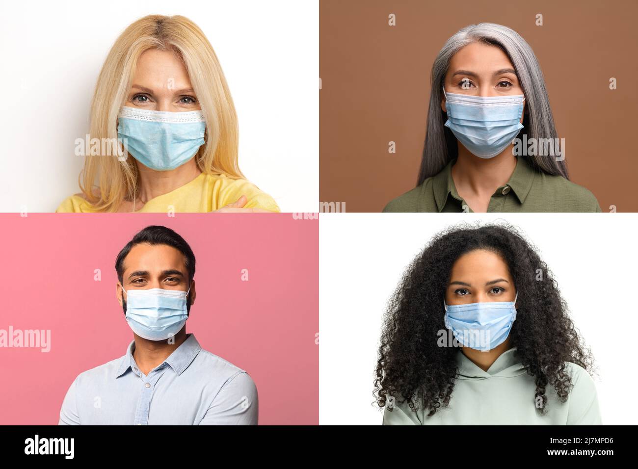 Collage of four different people wearing medical mask looking at camera ...