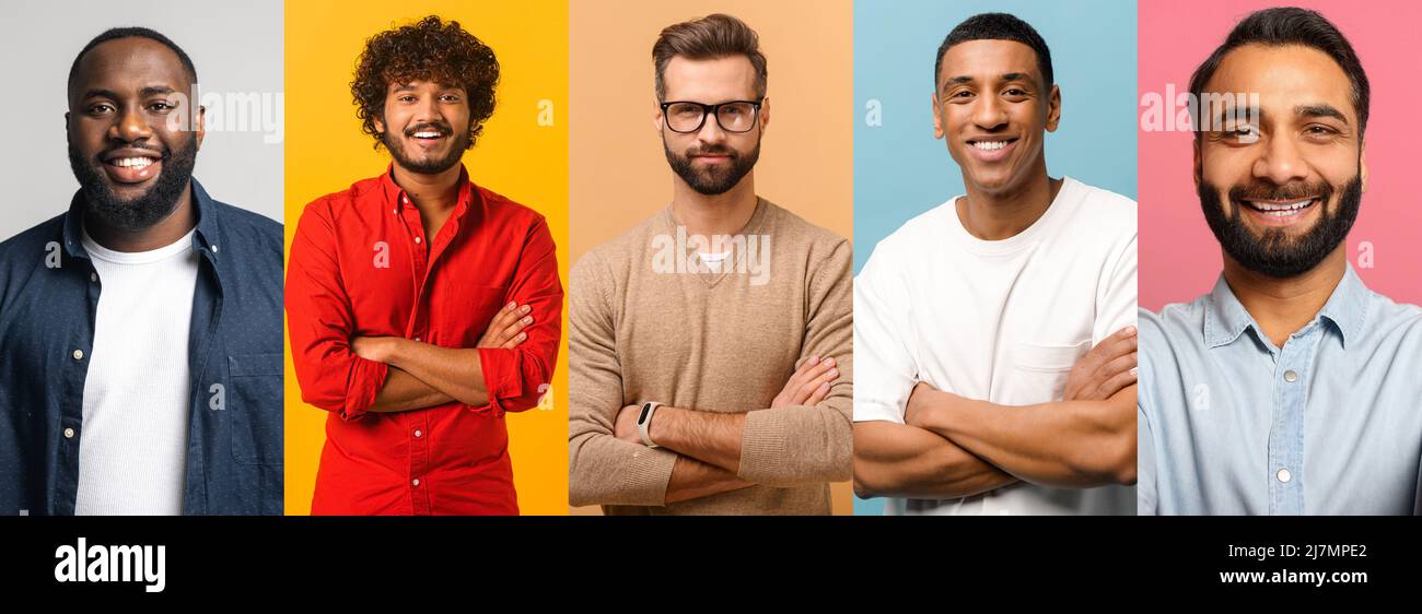 Collage banner with photos of different men in casual wear, several ...