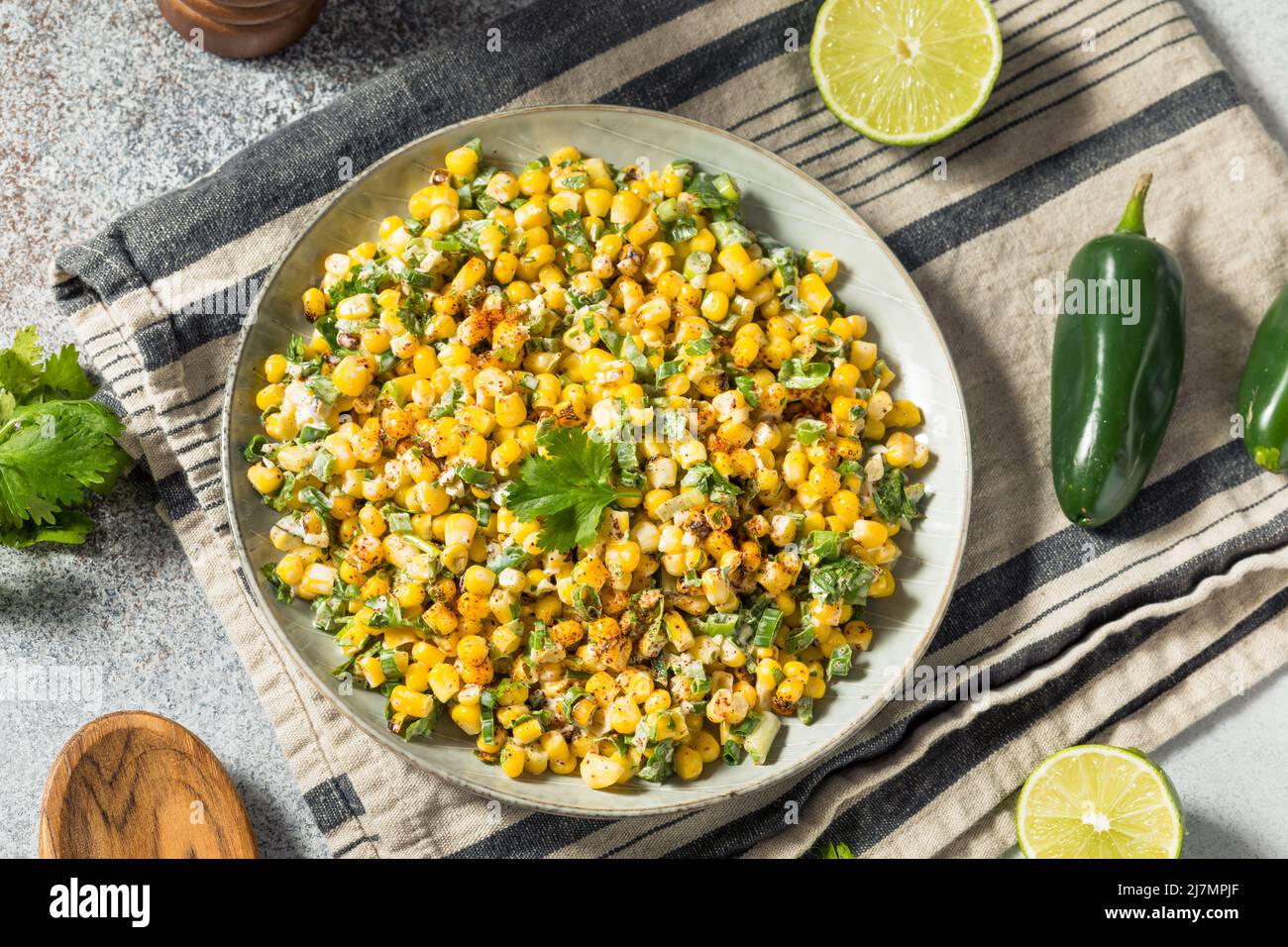 Homemade Mexican Street Corn Esquites with Lime and Chili Stock Photo ...