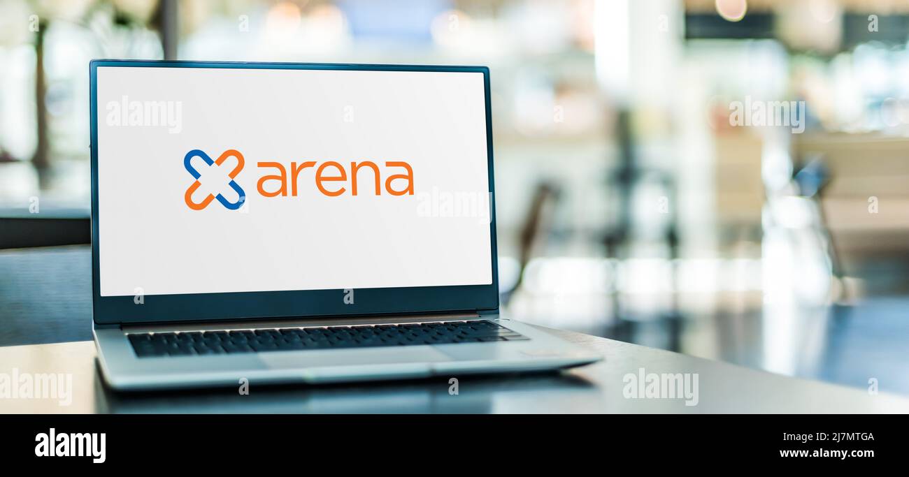 POZNAN, POL - FEB 25, 2022: Laptop computer displaying logo of Arena ...
