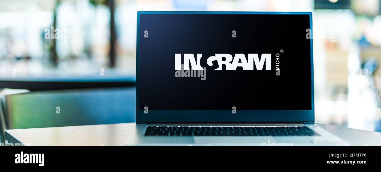 POZNAN, POL - NOV 20, 2021: Laptop computer displaying logo of Ingram ...