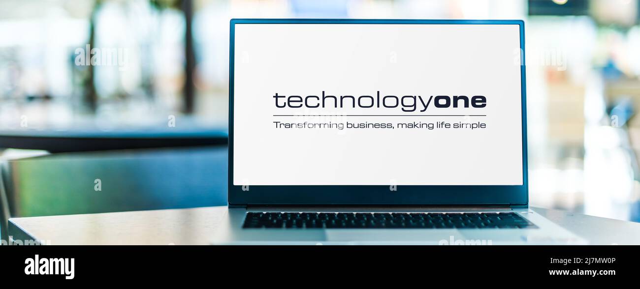 POZNAN, POL - DEC 8, 2021: Laptop computer displaying logo of ...