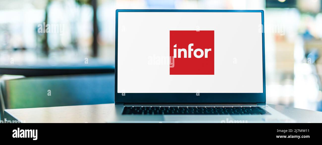 POZNAN, POL - DEC 8, 2021: Laptop computer displaying logo of Infor, a ...