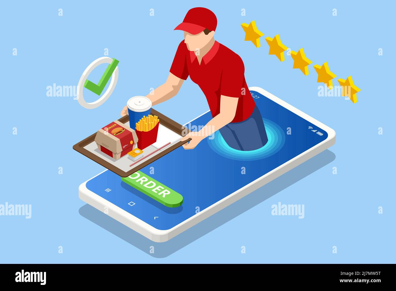 Isometric fast food delivery app on a smartphone. Ordering take away ...