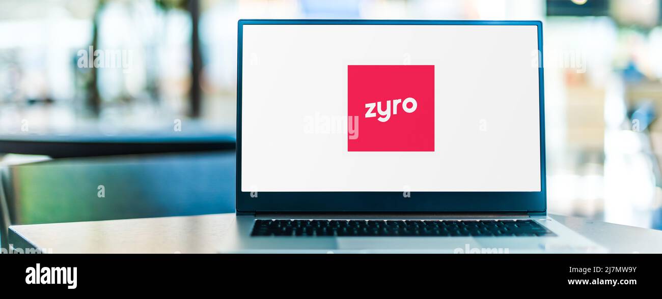 POZNAN, POL - FEB 25, 2022: Laptop computer displaying logo of Zyro, a ...