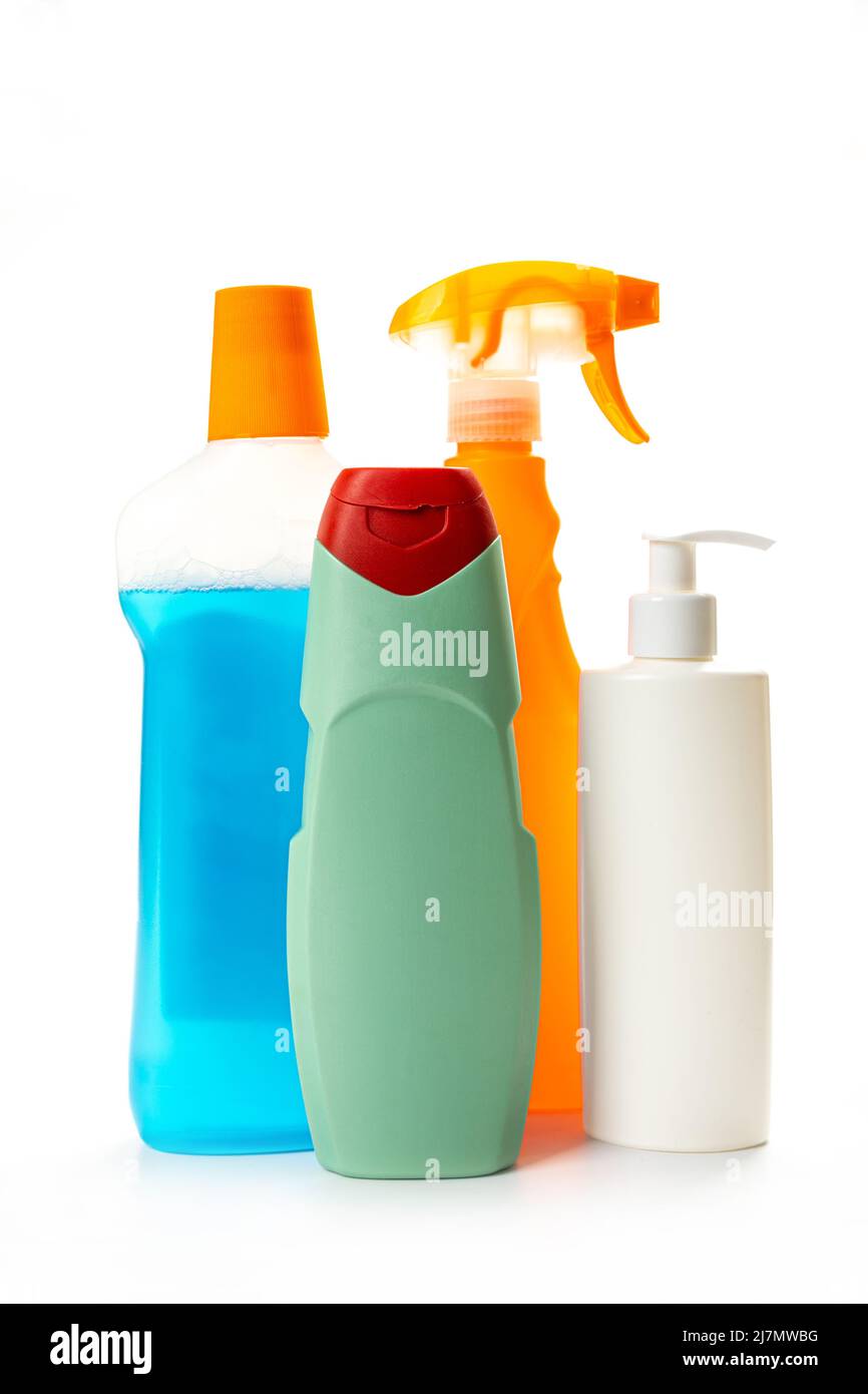 detergent bottles and chemical cleaning supplies isolated on white ...
