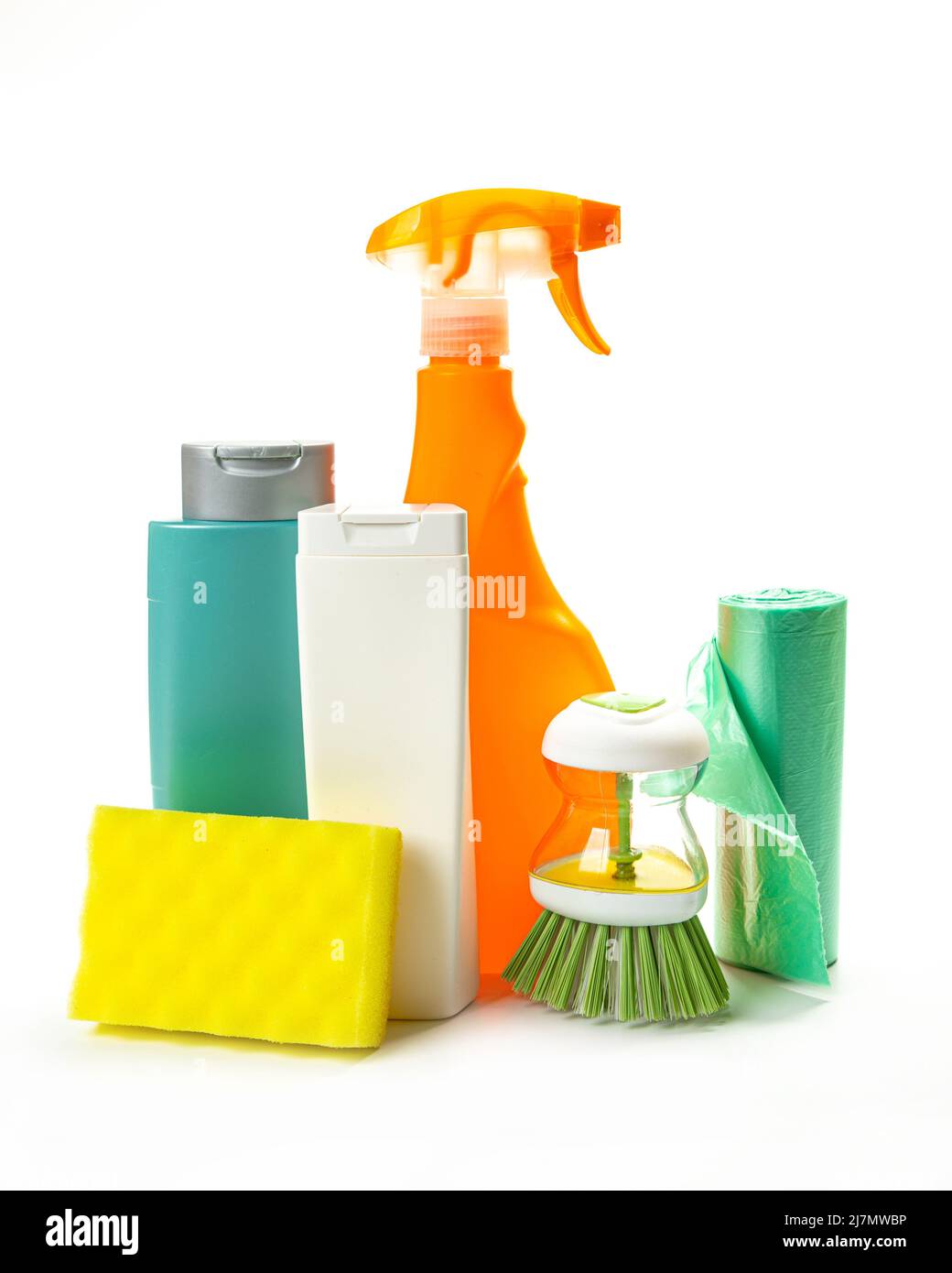 plastic bottle, cleaning sponges and gloves isolated on white ...