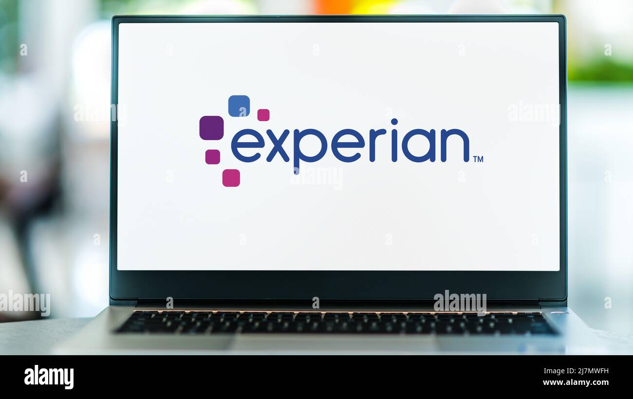 POZNAN, POL - NOV 20, 2021: Laptop computer displaying logo of Experian ...