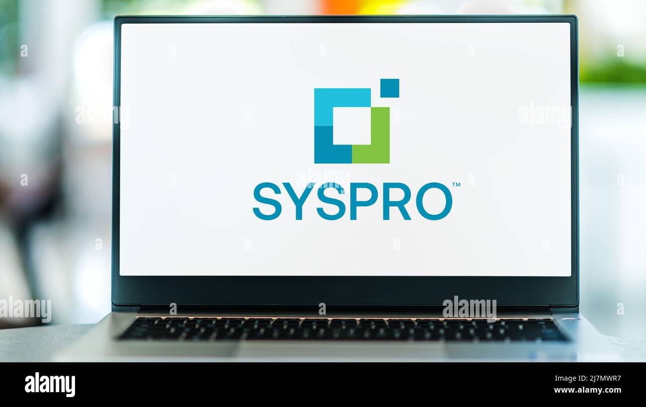 POZNAN, POL - DEC 8, 2021: Laptop computer displaying logo of Syspro, a software company ...