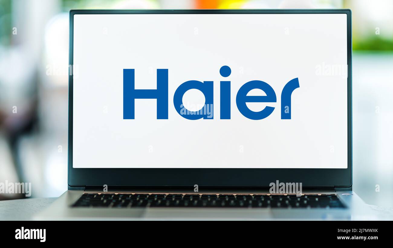 POZNAN, POL - FEB 25, 2022: Laptop computer displaying logo of Haier ...