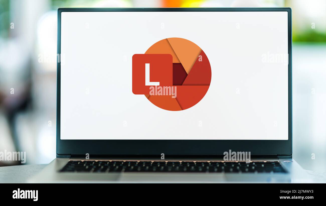 POZNAN, POL - FEB 9, 2022: Laptop computer displaying logo of Microsoft ...