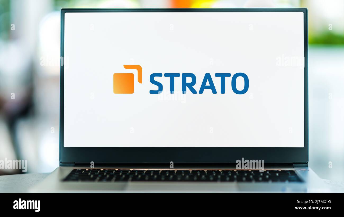 POZNAN, POL - FEB 25, 2022: Laptop computer displaying logo of Strato ...