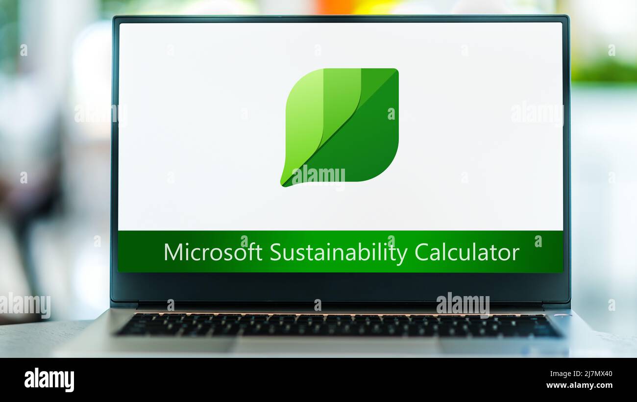 POZNAN, POL - APR 7, 2022: Laptop computer displaying logo of Microsoft ...