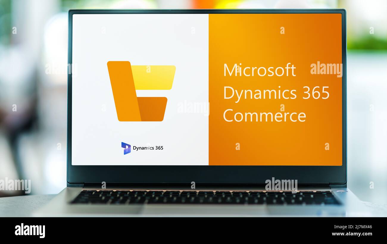 POZNAN, POL - APR 9, 2022: Laptop computer displaying logo of Microsoft ...