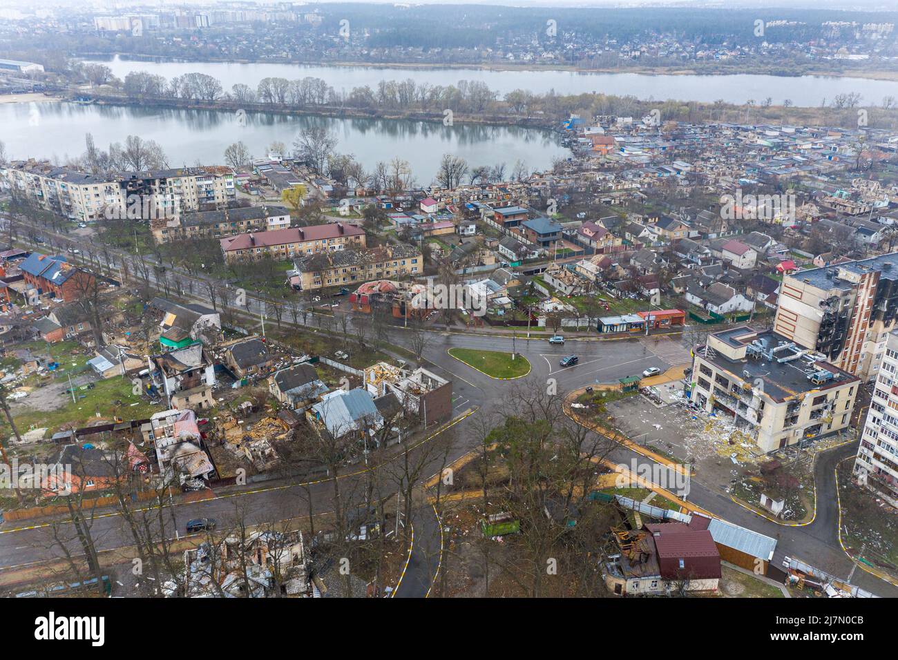 The aerial view of the destroyed and burnt buildings. The buildings ...