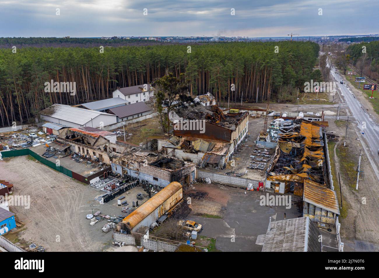 The aerial view of the destroyed and burnt buildings. The buildings ...